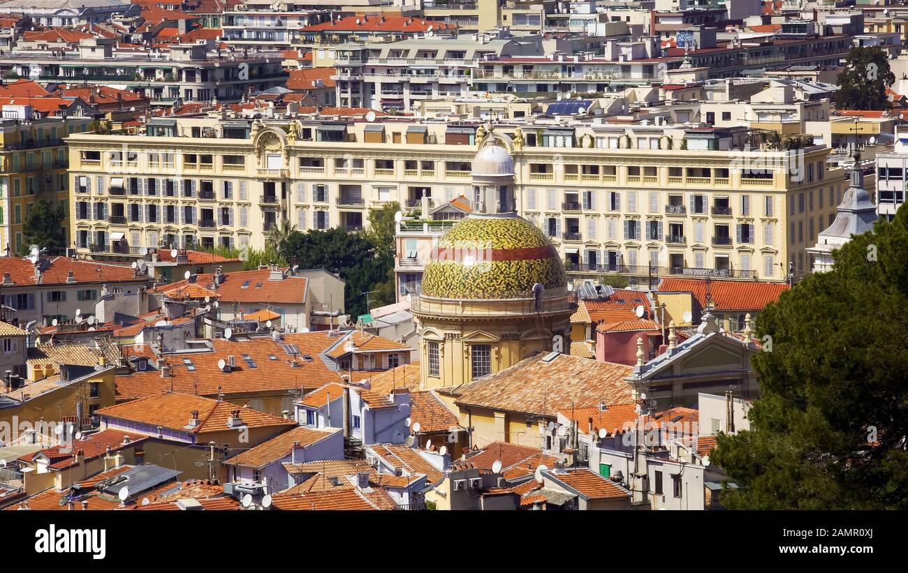 Dome Of Nice Cathedral among rooftops, tourism on French Riviera ...