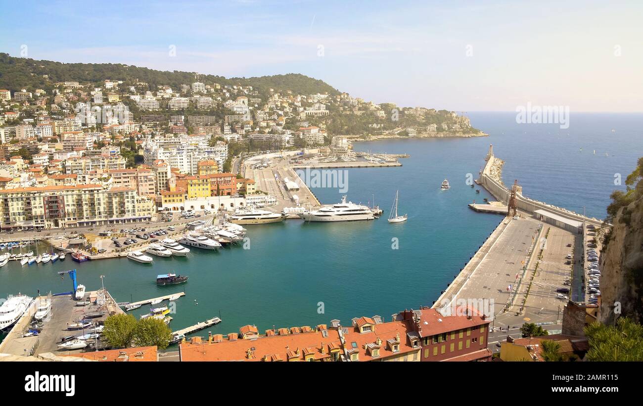 Nice port with many luxury yachts and boats, water transport, aerial ...