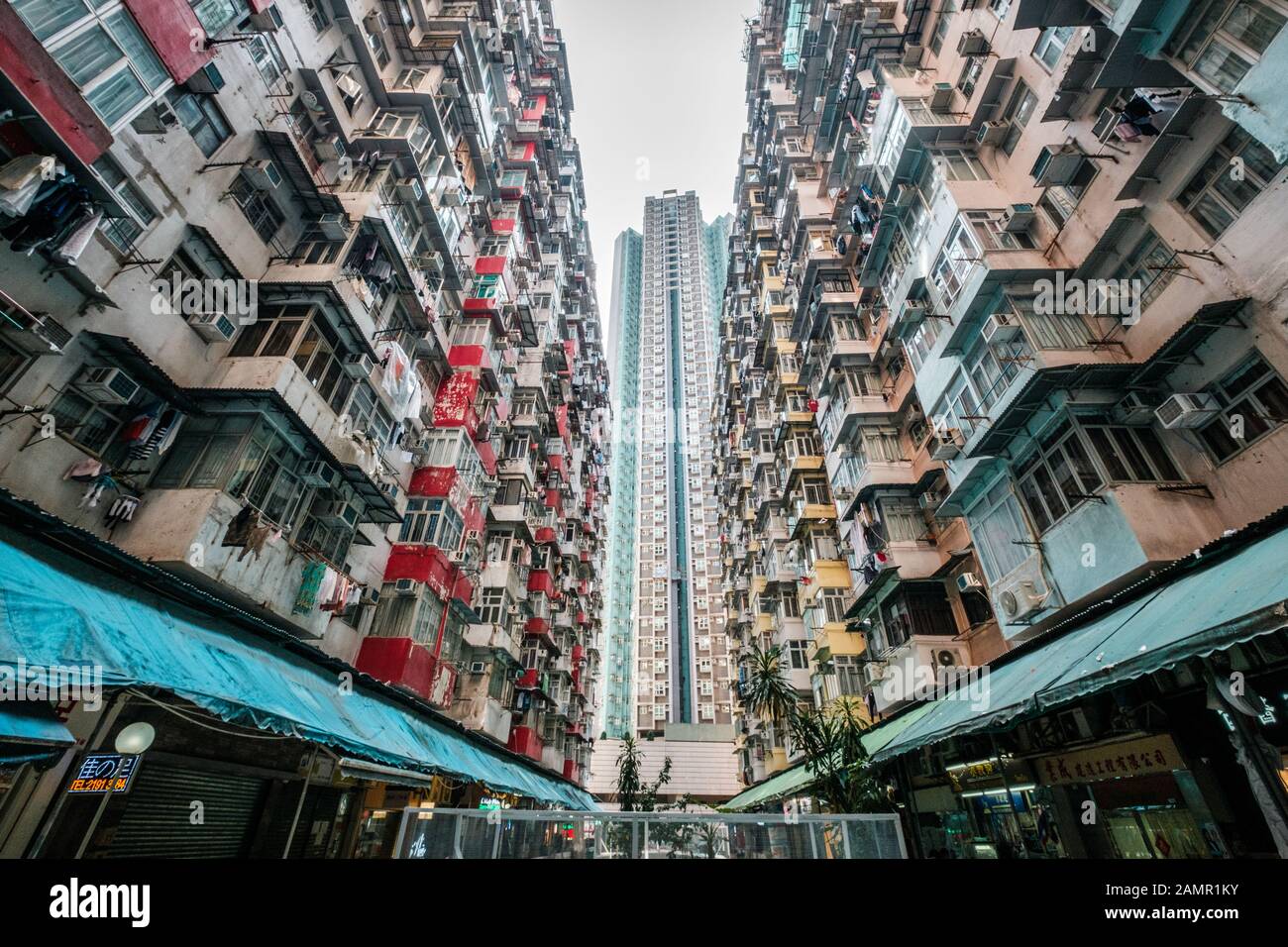 HongKong, China - November, 2019: Courtyard and colorful building ...