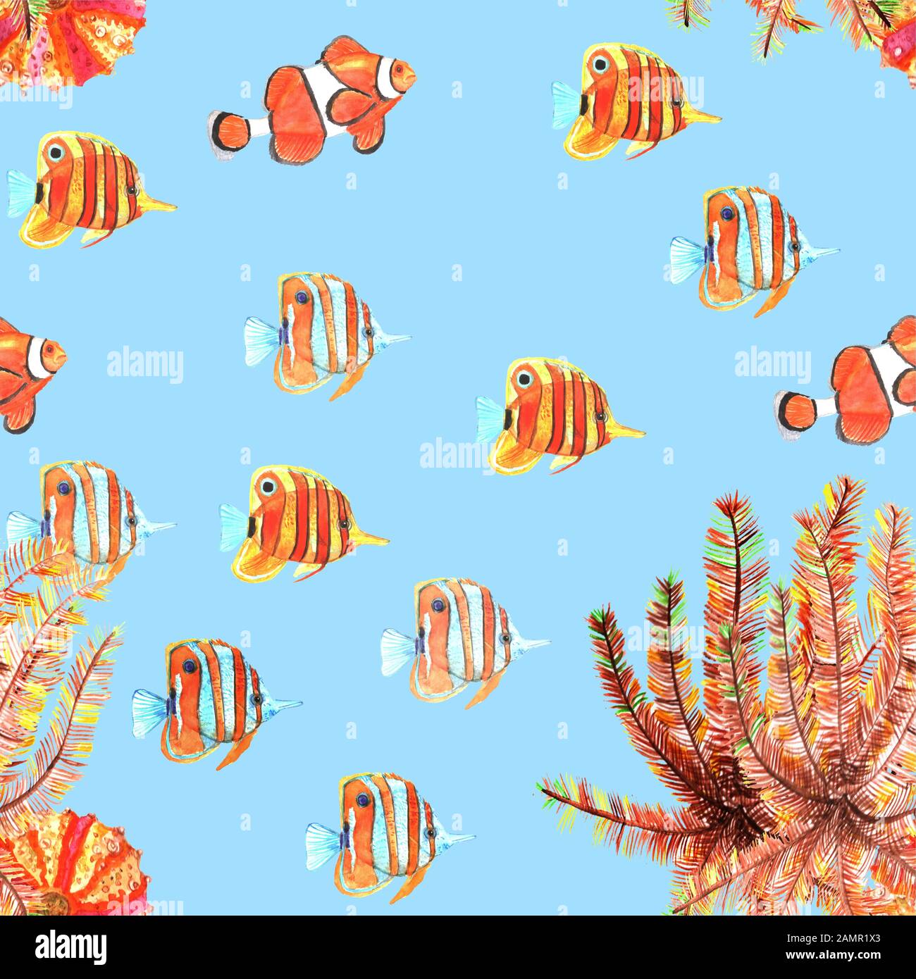 Seamless pattern with fishes. Watercolor Stock Photo - Alamy