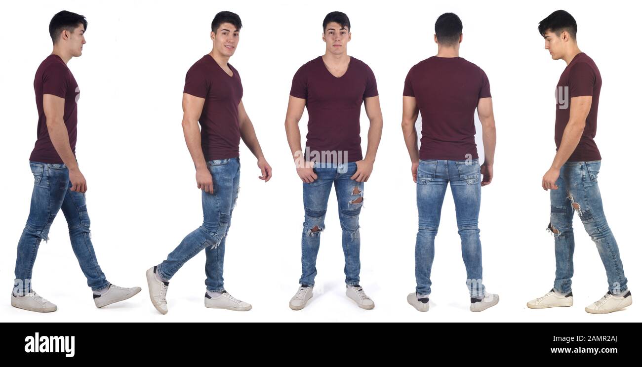 set of photos of a man in various poses in white background Stock Photo ...