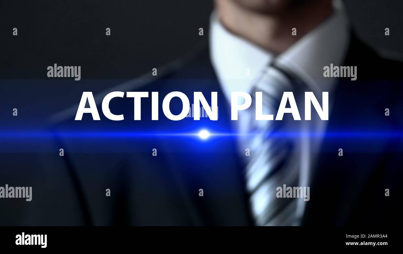 Action plan, businessman in suit standing in front of screen, business ...