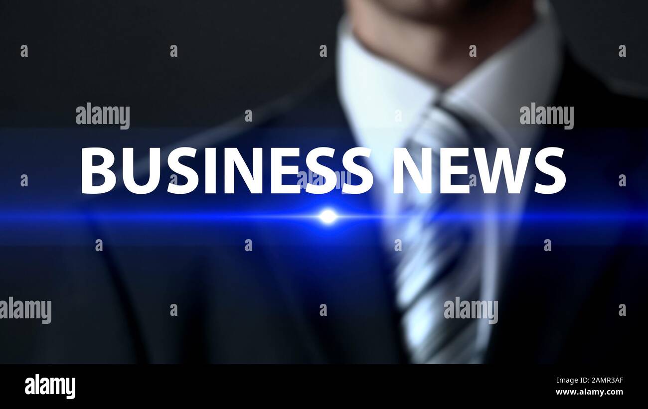Business news, businessman standing in front of screen, current ...