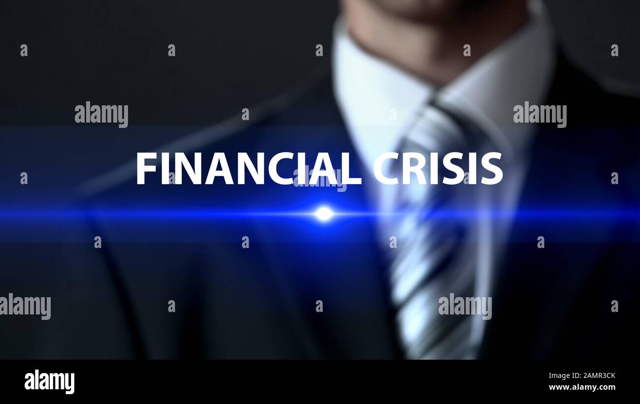 Financial crisis, businessman in suit standing in front of screen money ...