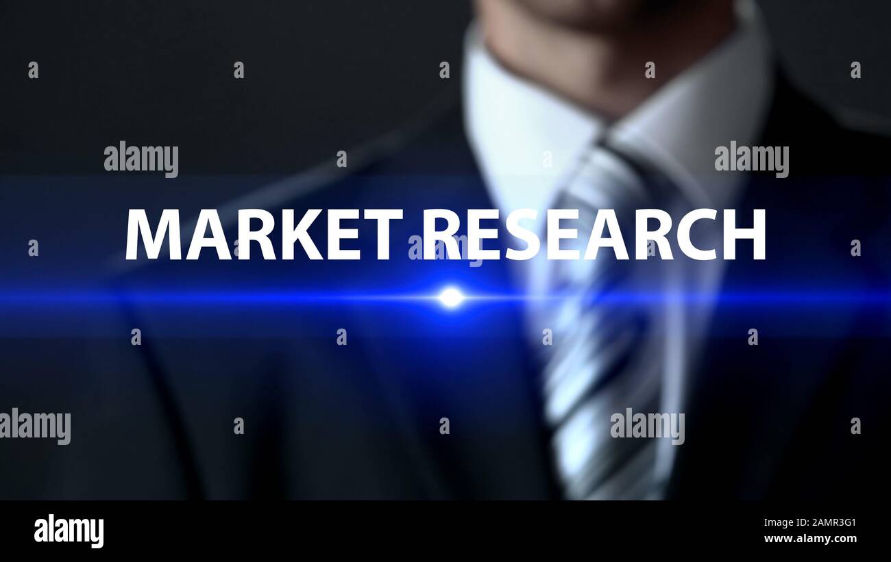 Market research, businessman in front of screen, statistics and ...