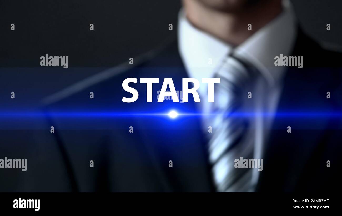 Start, man in official suit standing in front of screen, first steps ...