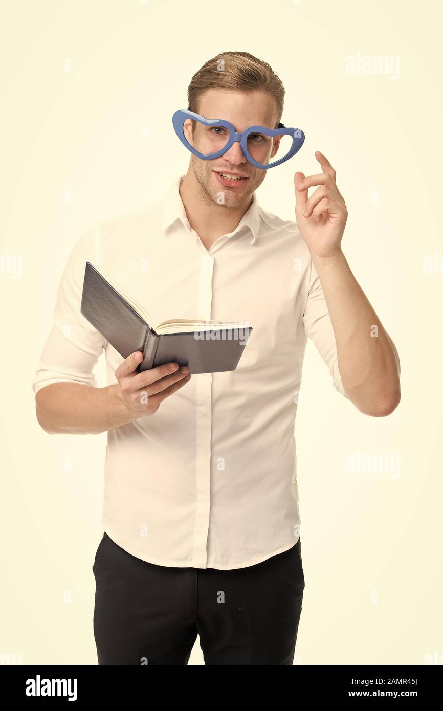 Teacher funny guy. Male student reading. Student handsome diligent man ...