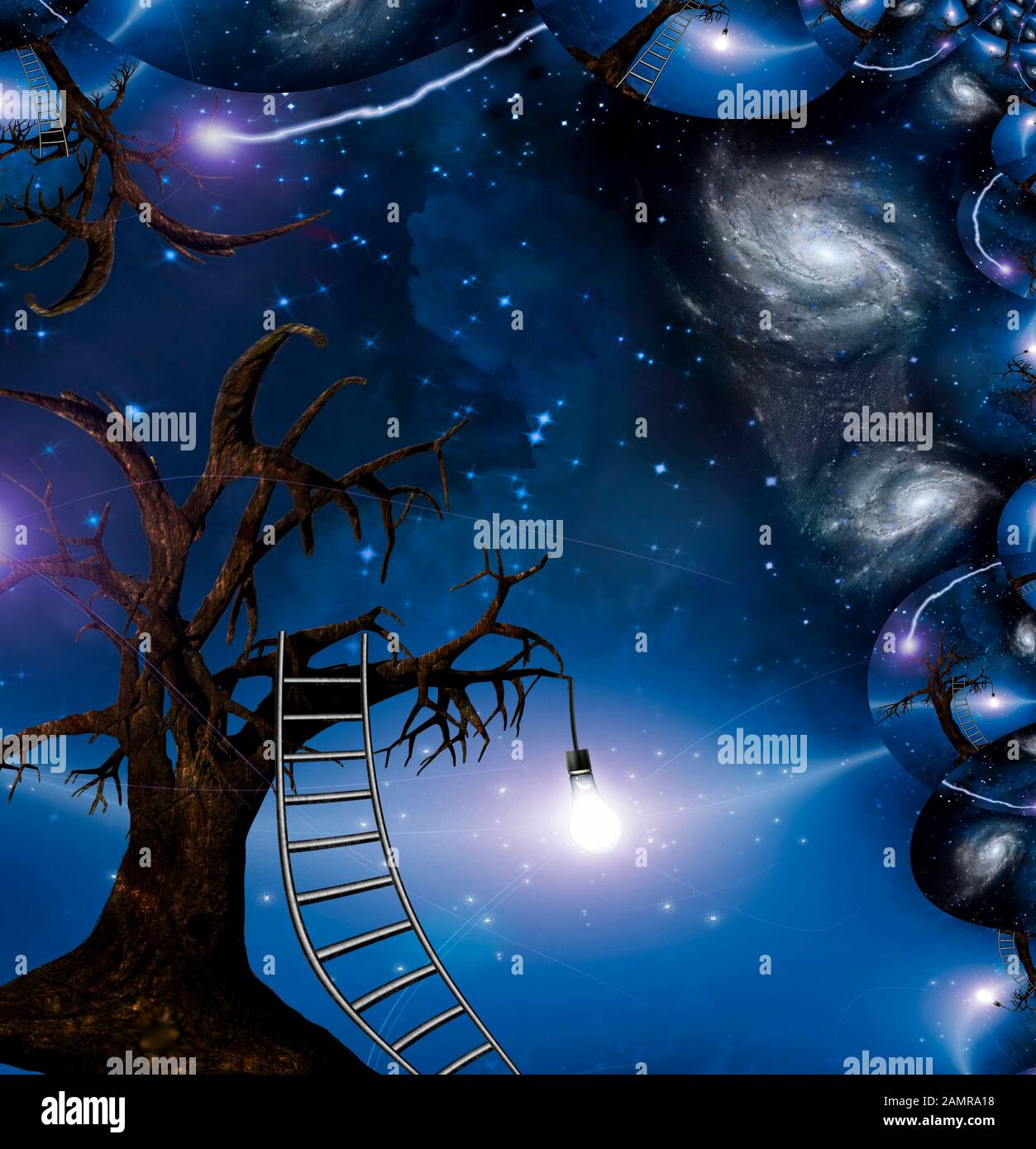 Light bulb and ladder on a tree branch. Space fractal Stock Photo - Alamy