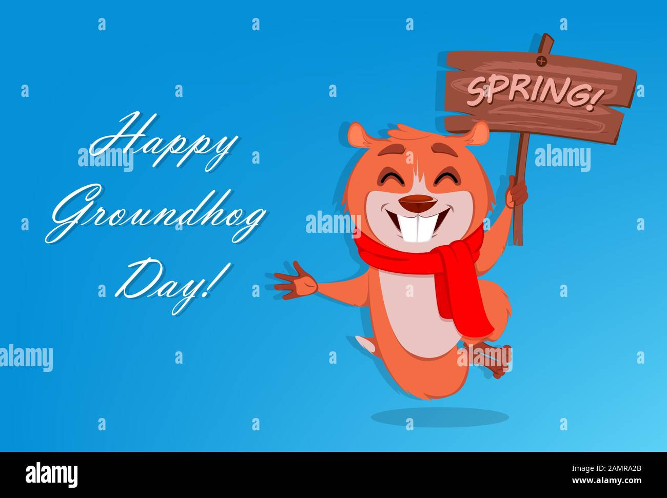 Happy Groundhog Day greeting card. Cute groundhog cartoon character ...