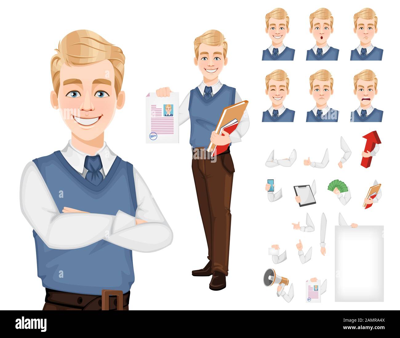 Handsome confident business man, pack of body parts, emotions and ...