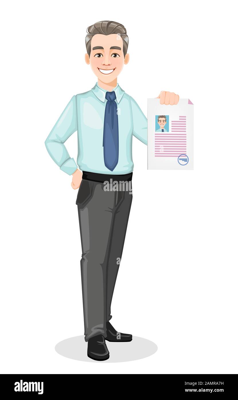 Handsome confident business man holds resume. Businessman cartoon ...