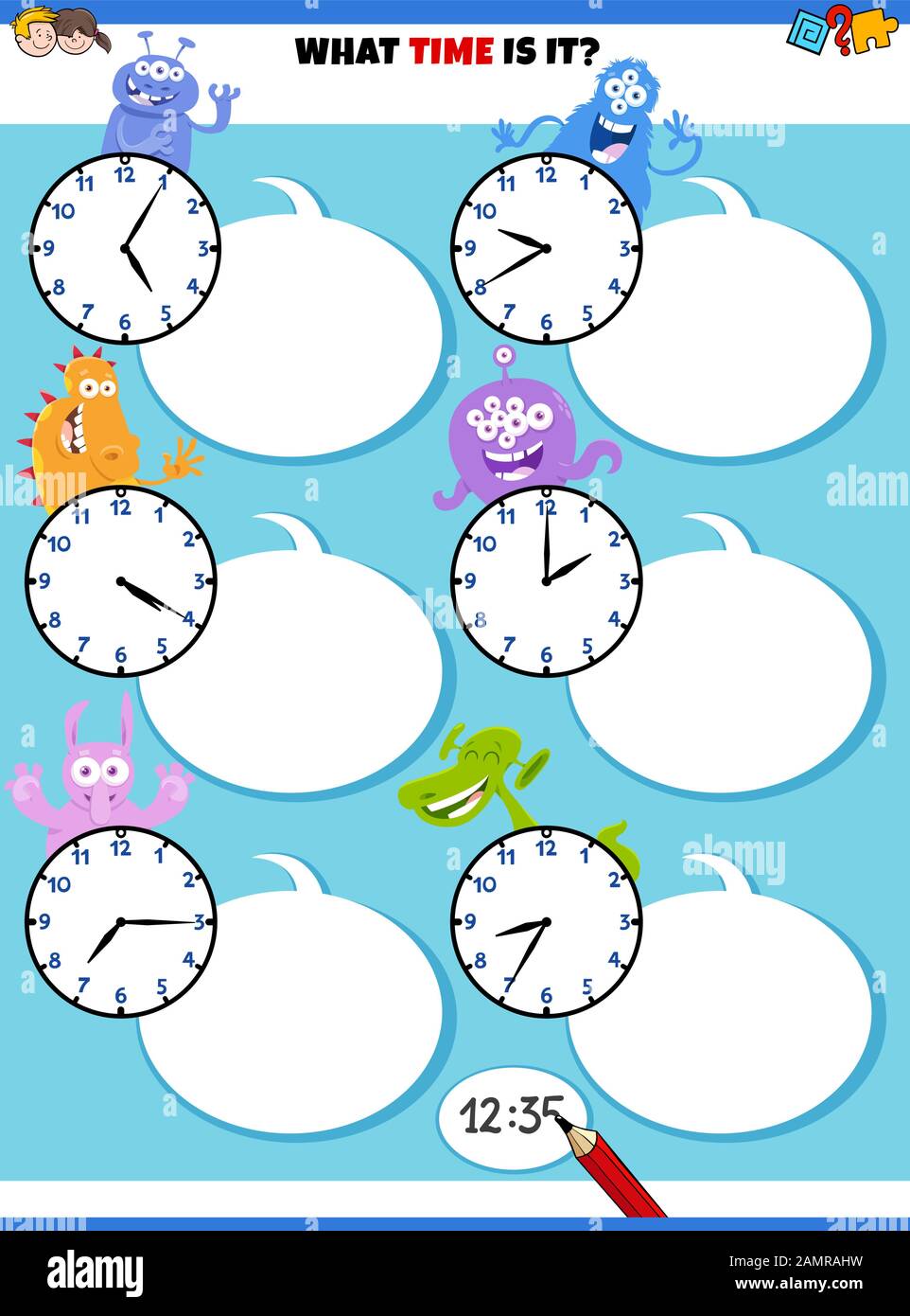 Cartoon Illustrations of Telling Time Educational Activity with Clock ...