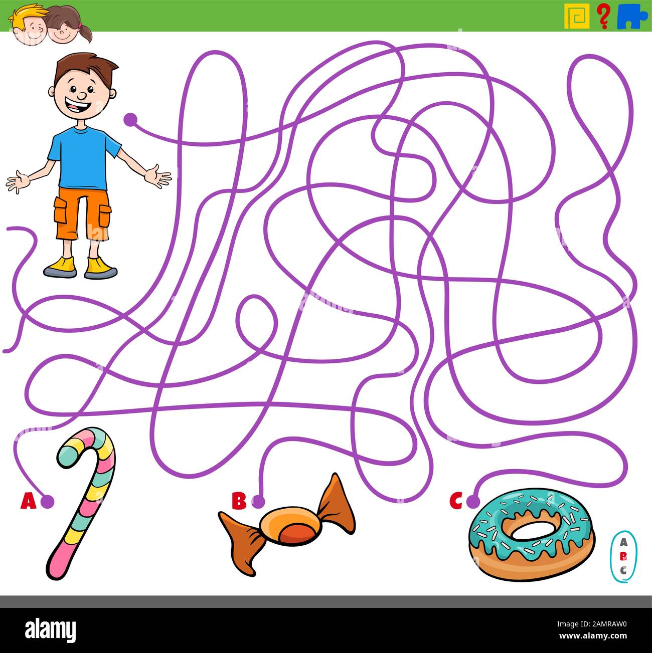 Cartoon Illustration of Lines Maze Puzzle Game with Boy Character and ...