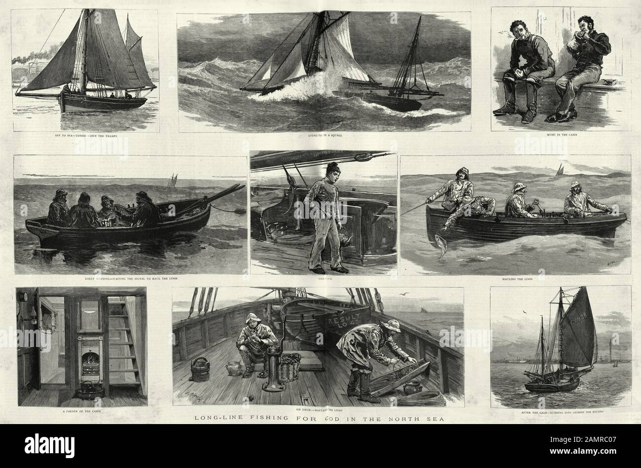 Scenes of Long line fishing for cod in the North Sea, Victorian, 19th ...