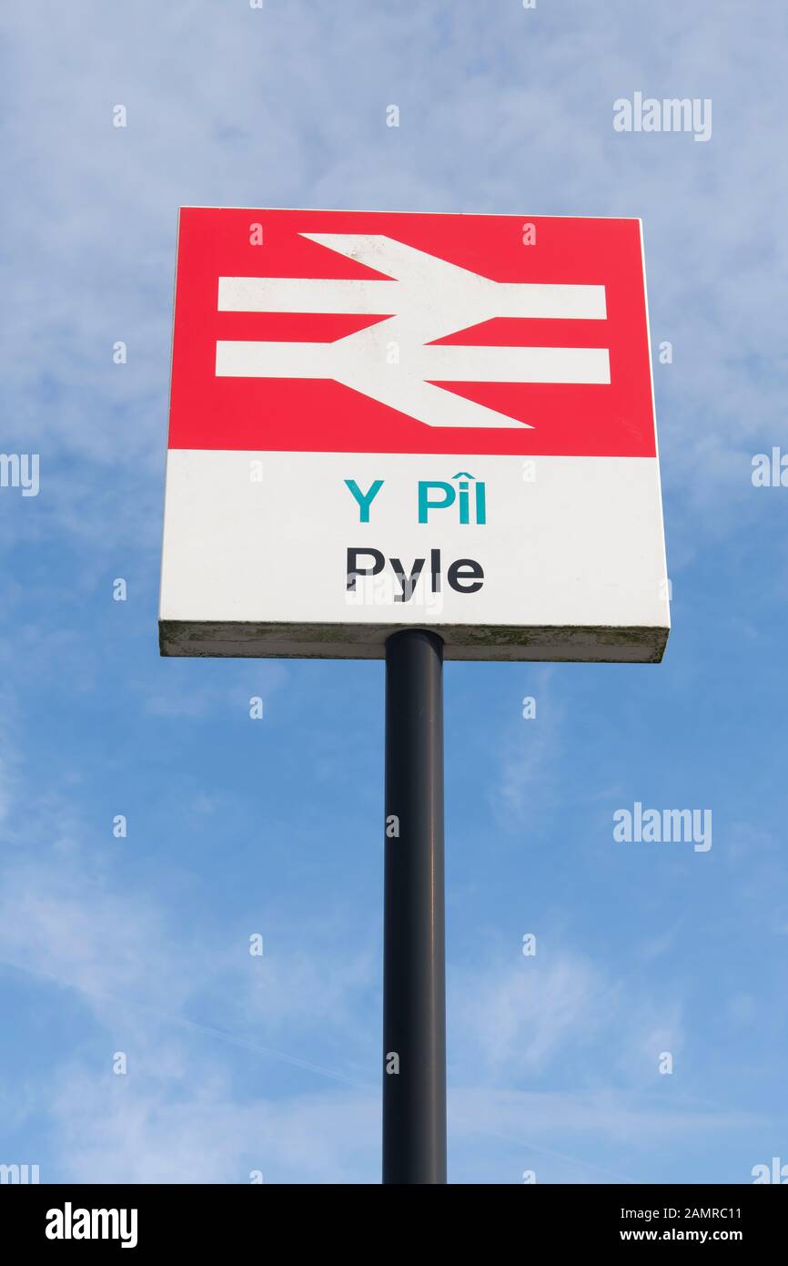 A Pyle train station sign in Pyle, Wales, UK Stock Photo - Alamy