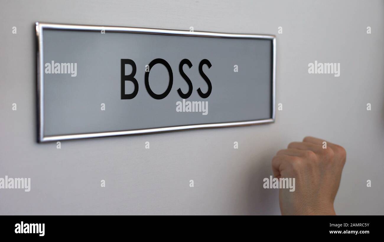 Boss office door, secretary hand knocking closeup, documents for ...