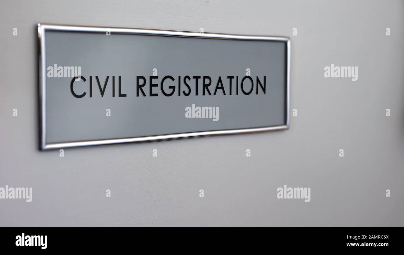 Civil registration office door, marriage registry service, wedding ...