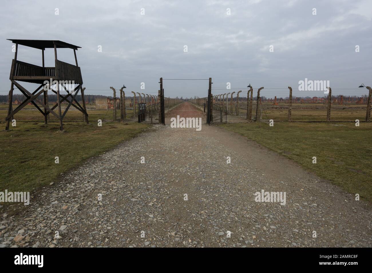 AUSCHWITZ, POLAND - 20 December 2019: Watch towers at Auschwitz ...