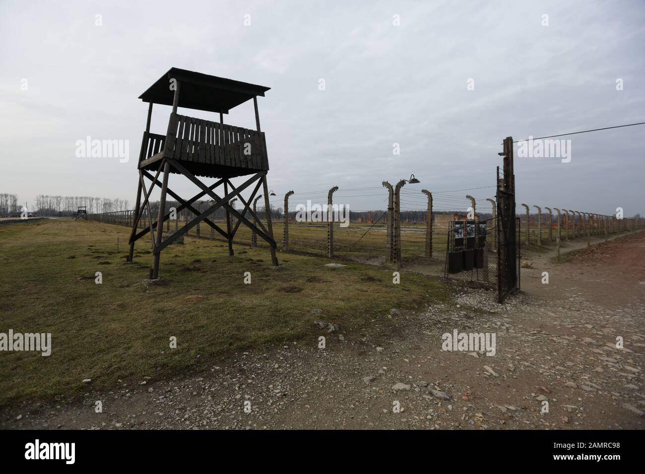 AUSCHWITZ, POLAND - 20 December 2019: Watch towers at Auschwitz ...