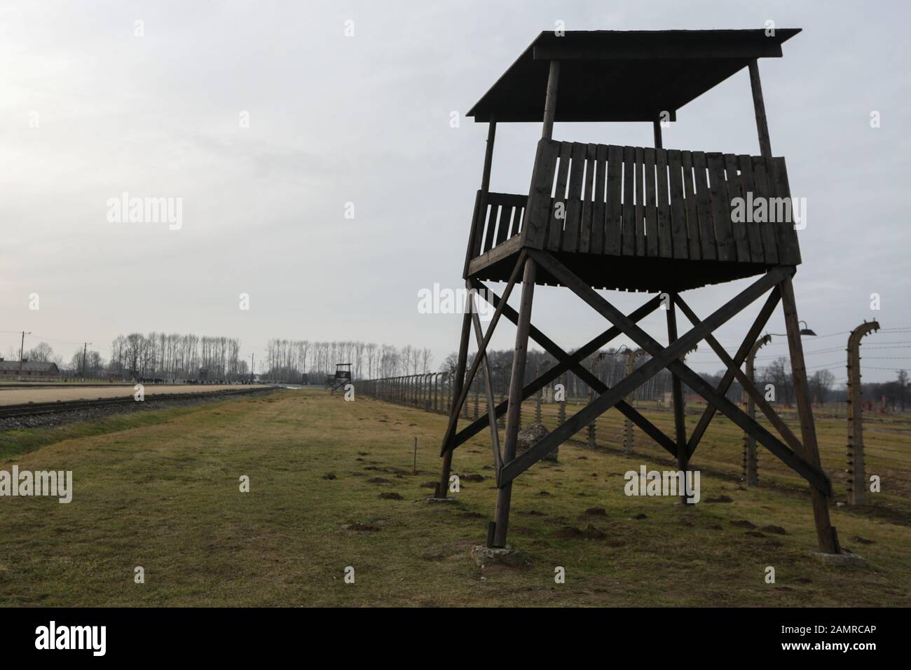 AUSCHWITZ, POLAND - 20 December 2019: Watch towers at Auschwitz ...