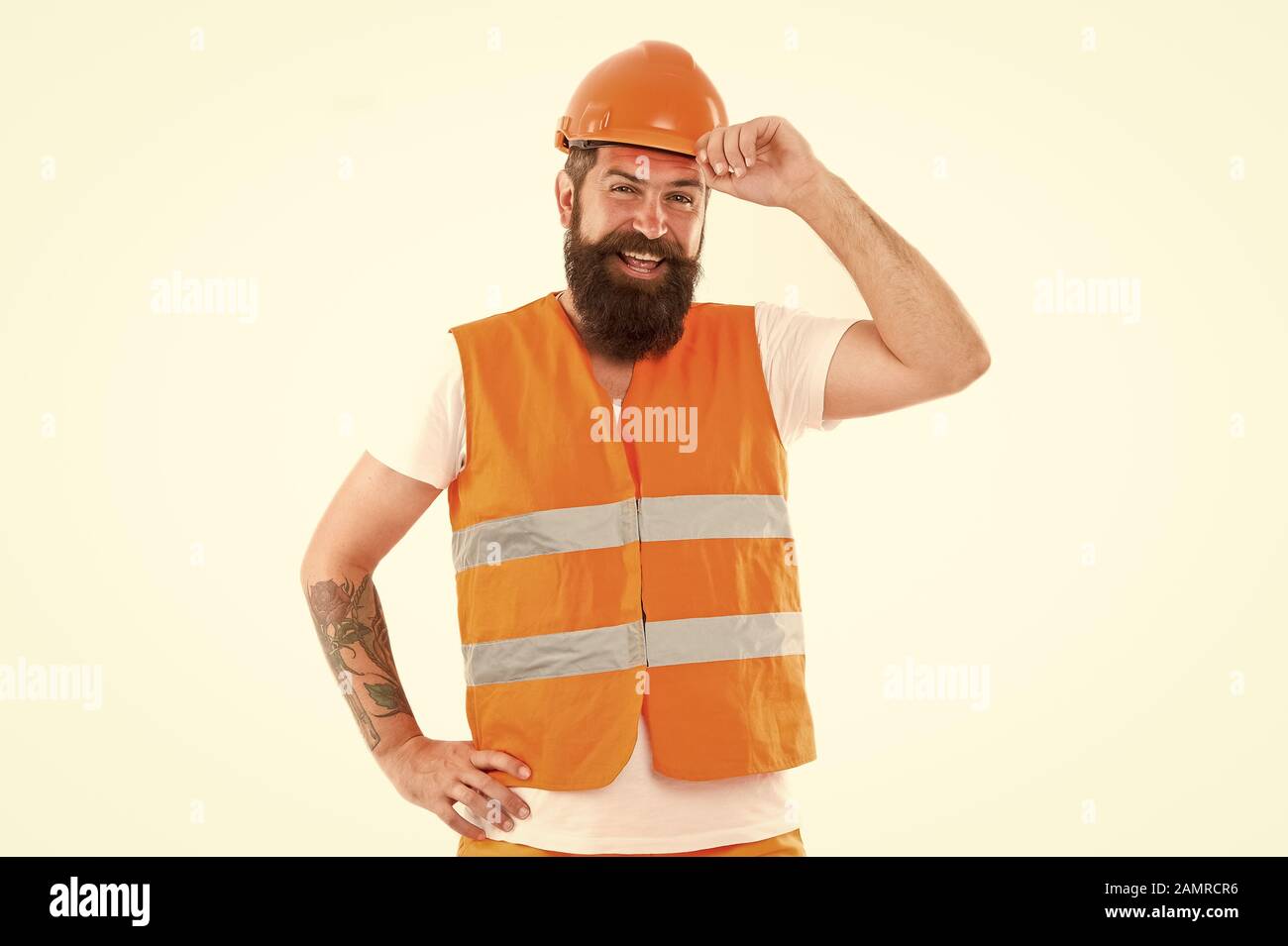 Strong handsome builder. Creating solid foundation. Man protective hard ...