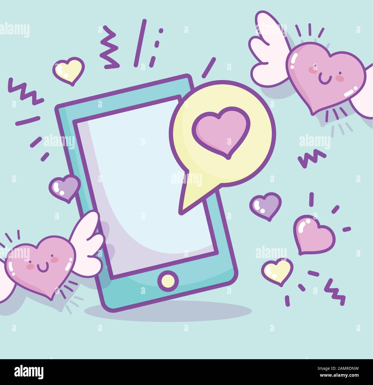 happy valentines day, smartphone message love hearts wings cartoon ...
