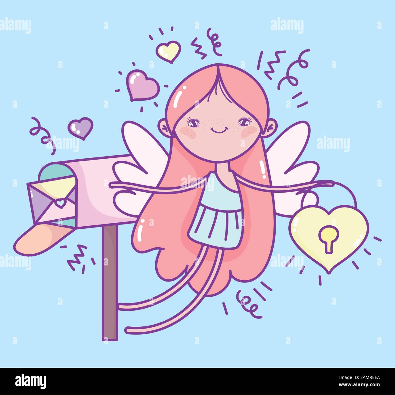 happy valentines day, cute cupid with padlock and mail box message ...