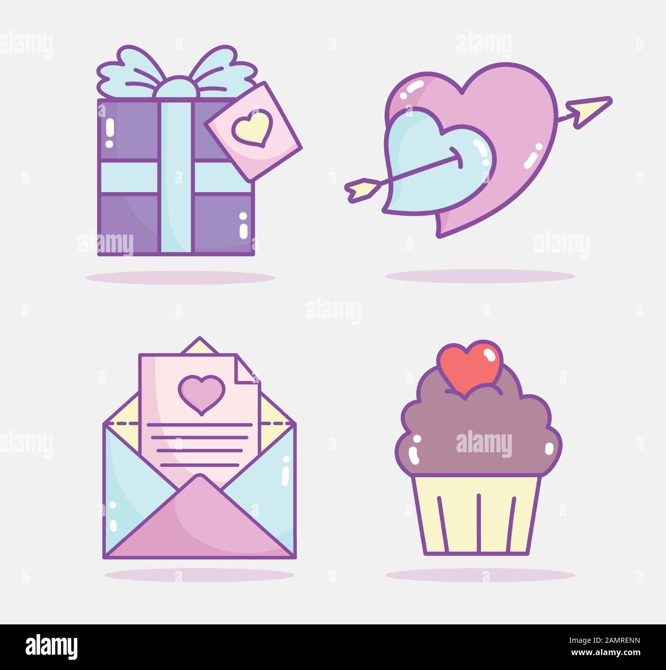 happy valentines day, gift box cupcake mail message hearts arrow vector ...
