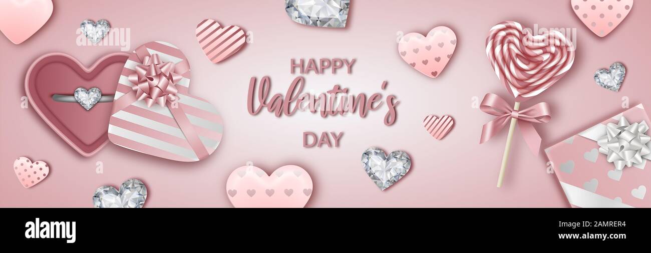 valentine's day banner with heart shaped gift boxes, lollipop, pink ...