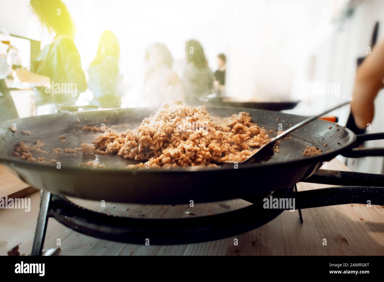 Paella pan with traditional Spanish food usually prepared with rice ...