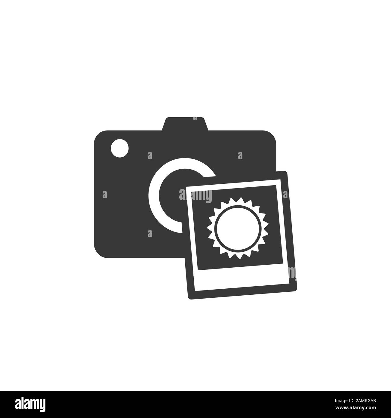 Camera with summer sun photo. Black and white icon. Flat vector ...