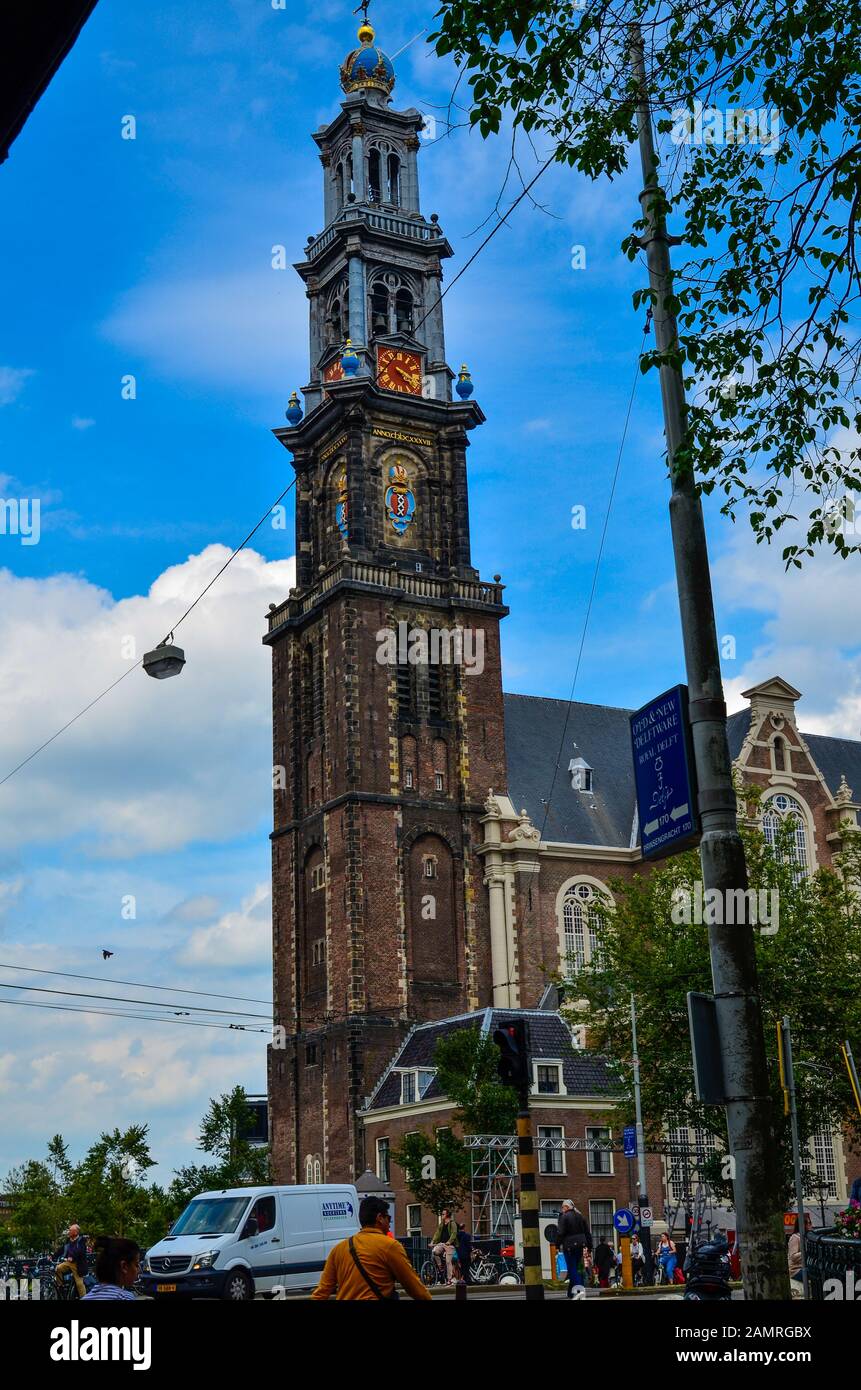Amsterdam, Holland, August 2019. The bell tower of the Western Church ...