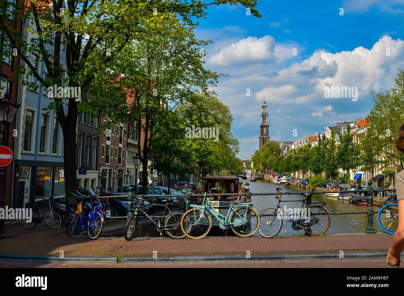 Amsterdam, Holland, August 2019. From a bridge you can see the bell ...