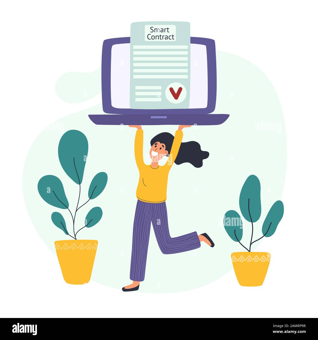 Smart contract concept with a young woman carrying a laptop with a ...