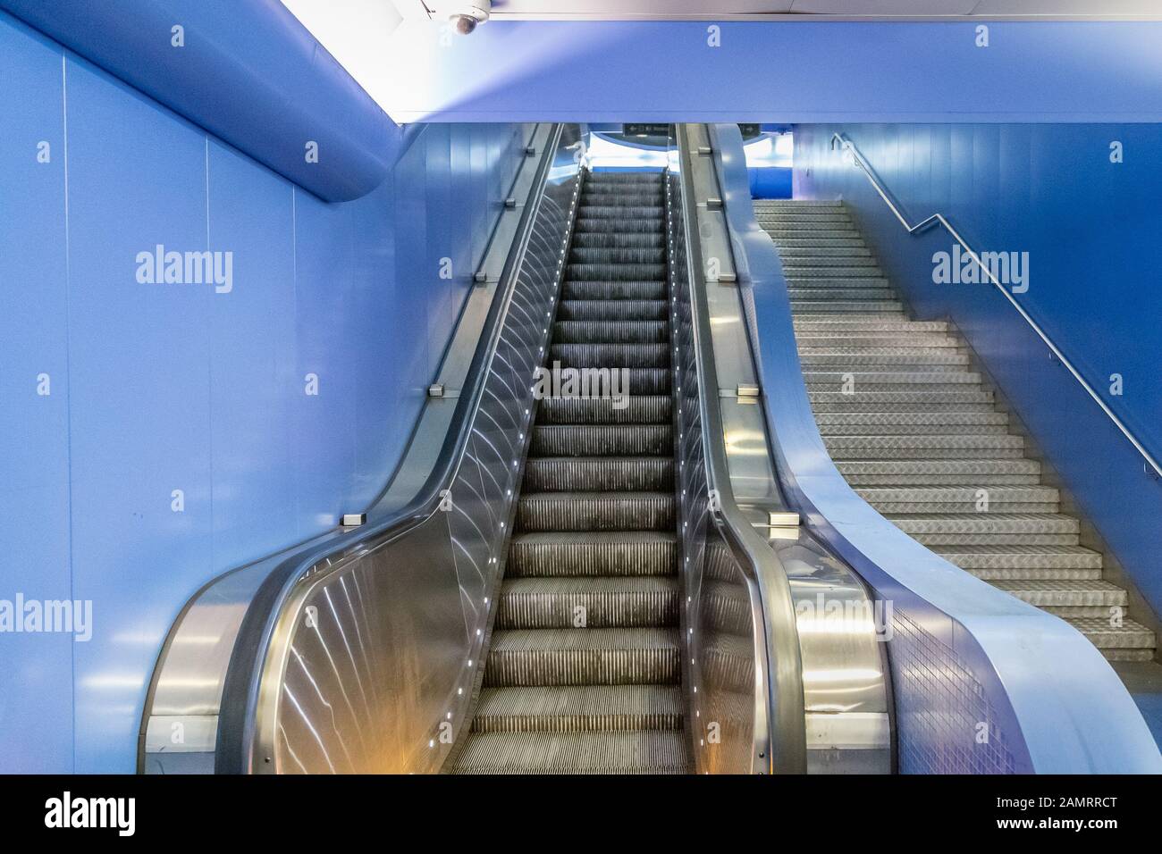 NAPLES, ITALY - JANUARY 5, 2020: light is enlightening escalators in ...