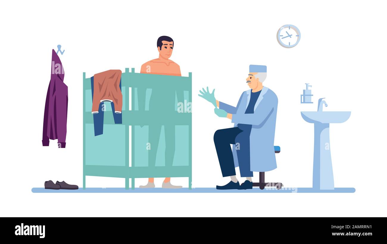 Visiting clinic flat vector illustration. Male patient, doctor isolated ...