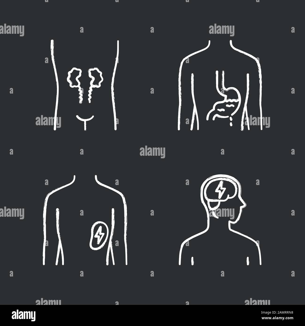 Ill human organs chalk icons set. Sore kidneys and spleen. Aching ...