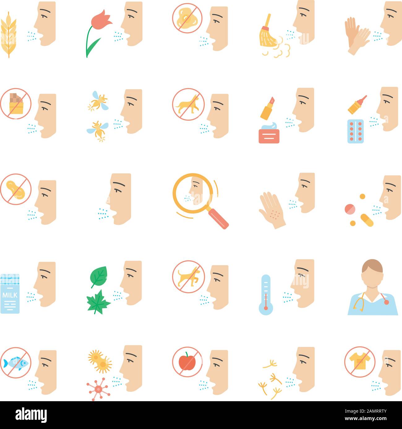 Allergies flat design long shadow color icons set. Respiratory, skin ...