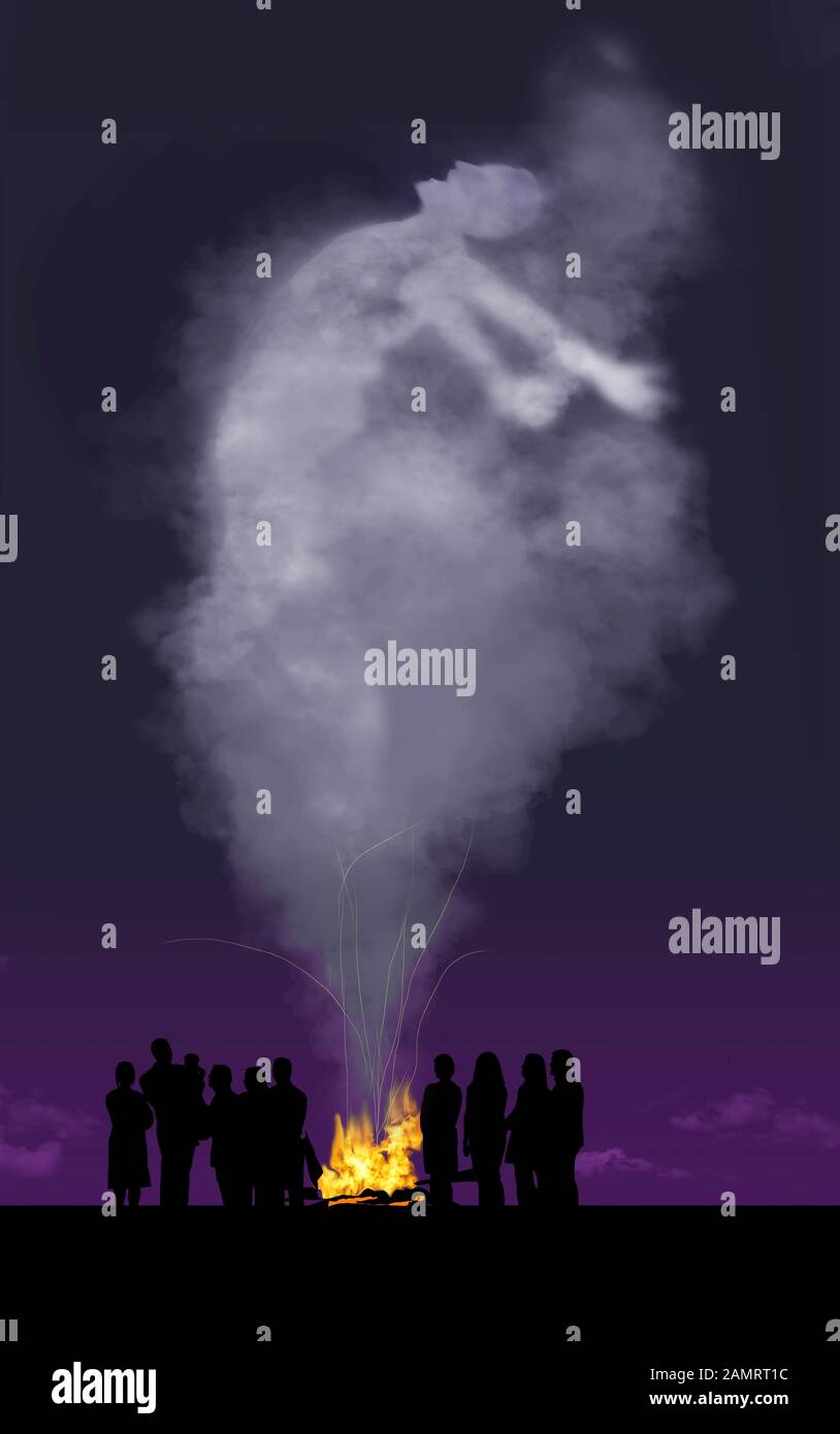 A human figure emerges from smoke rising out of a bonfire. Various ...