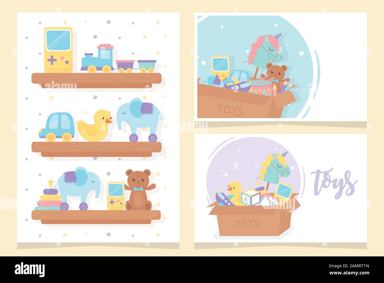 wooden shelves and boxes cartoon kids toys vector illustration Stock ...
