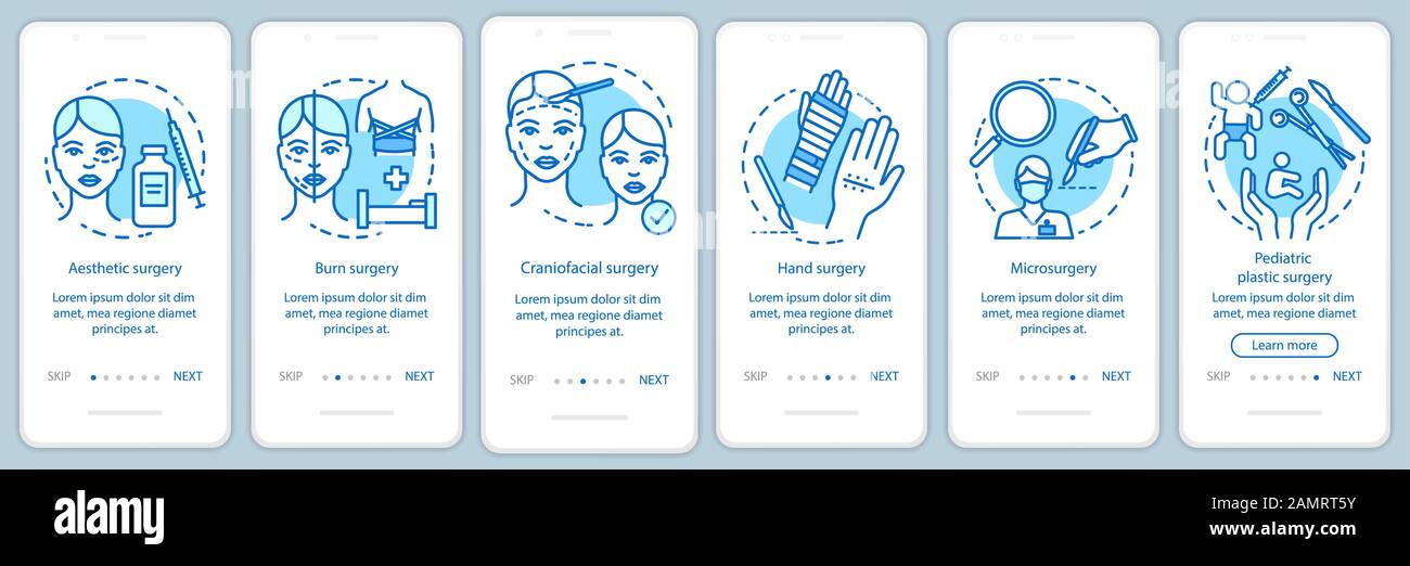 Plastic surgery types onboarding mobile app page screen with linear ...