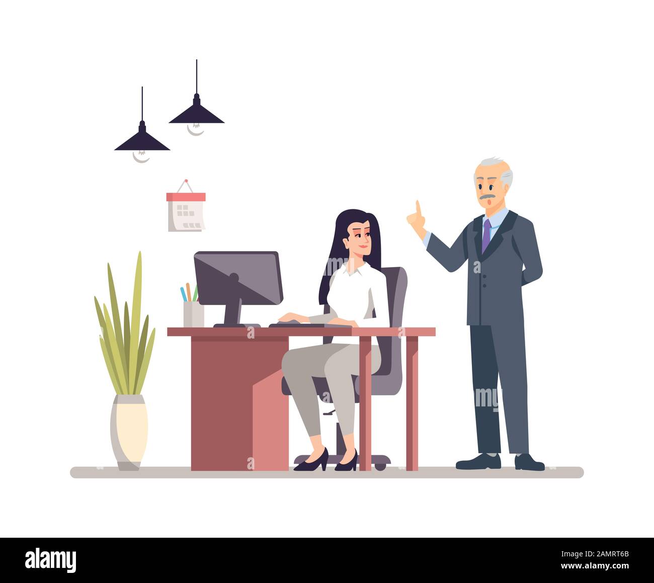 Senior boss with personal assistant flat vector illustration. Secretary ...