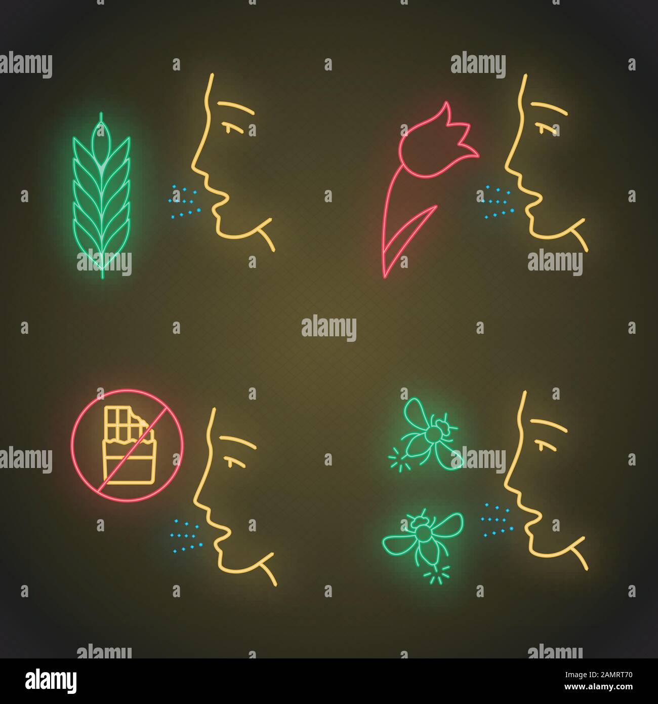 Allergies app icons set. Hay fever, allergy to food and insects stings ...