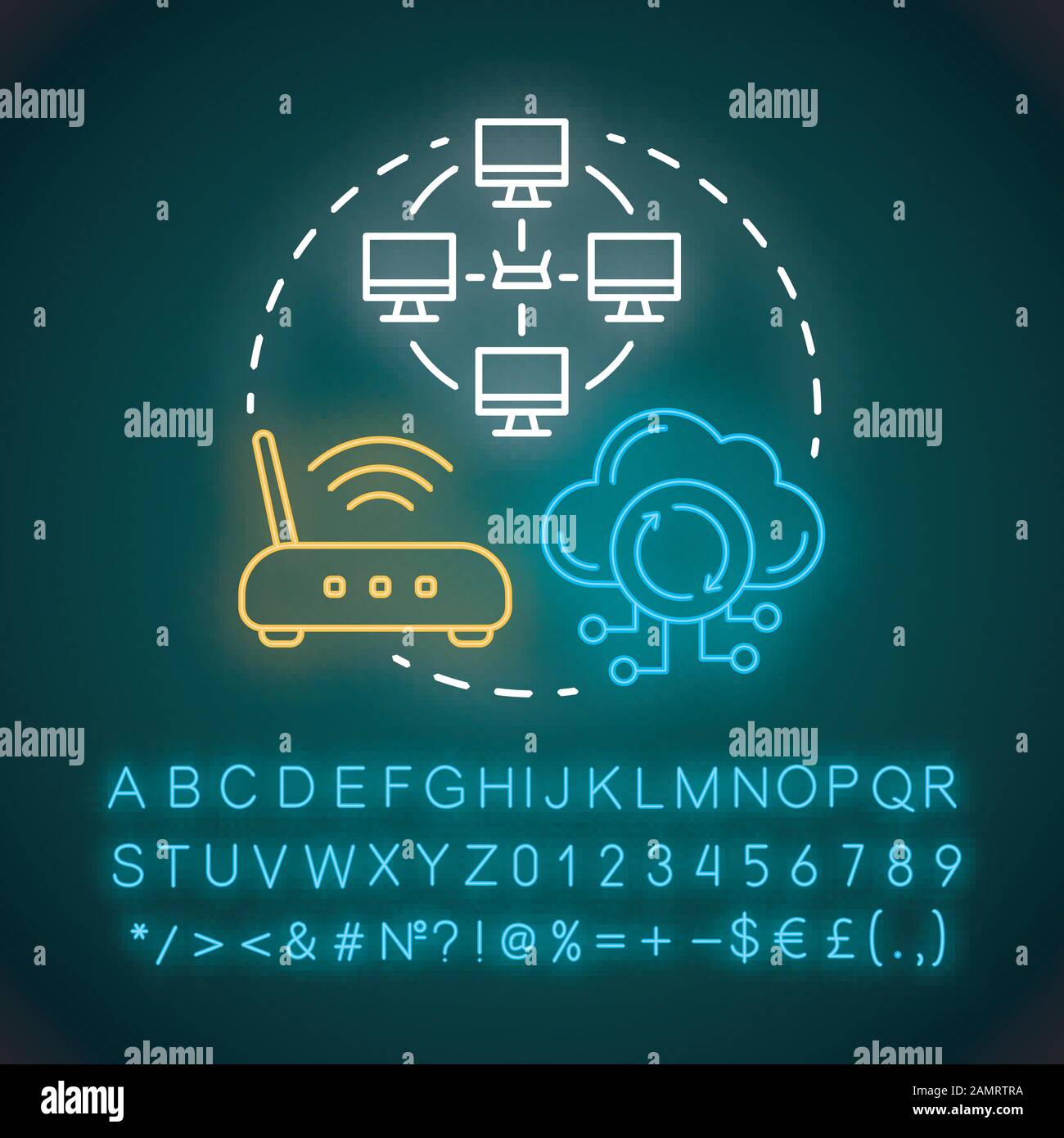 Cross platform multiplayer neon light concept icon. Internet connection ...
