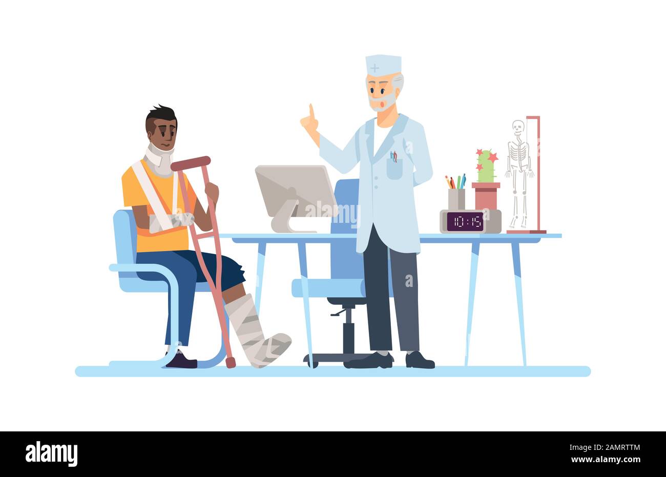 Visiting orthopedist doctor flat vector illustration. Surgeon, patient ...