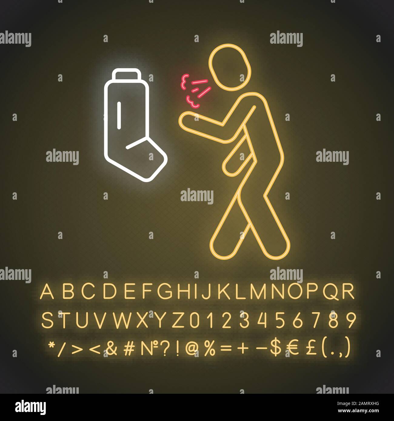 Allergic asthma, anaphylaxis neon light icon. Wheezing, cough treatment ...