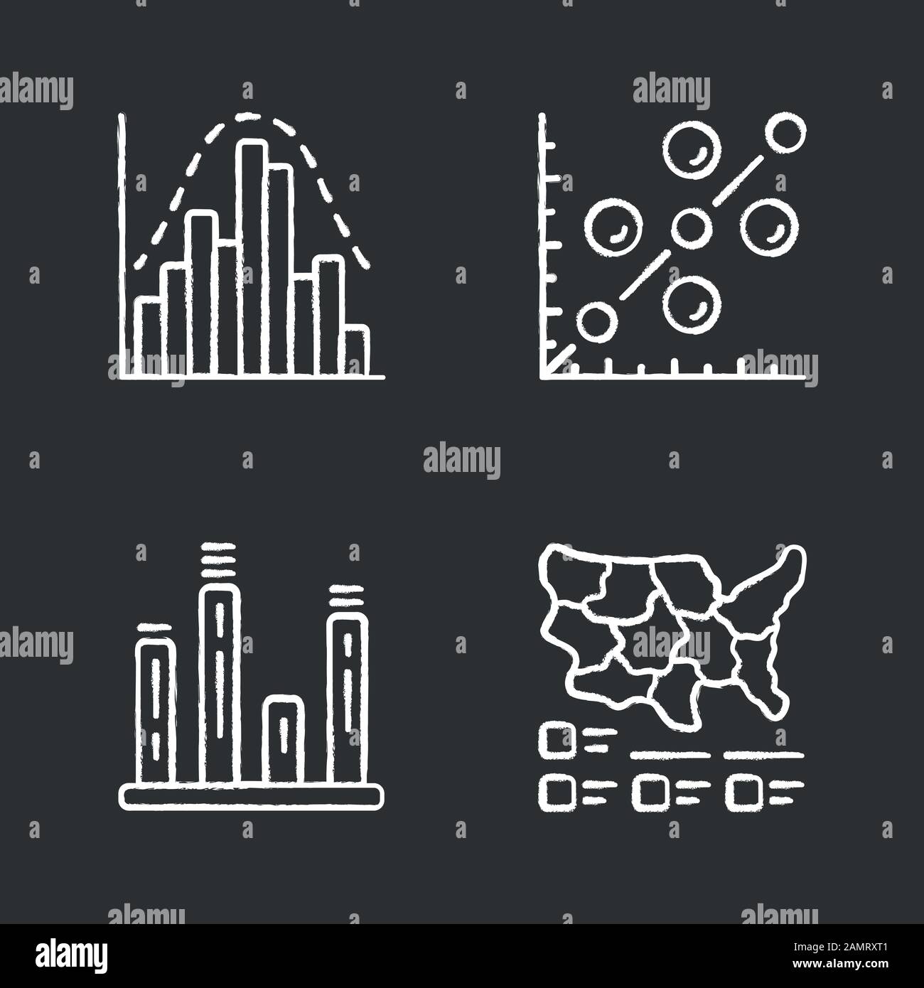 Diagrams chalk icons set. Histogram, bar graph, scatter plot, cartogram ...