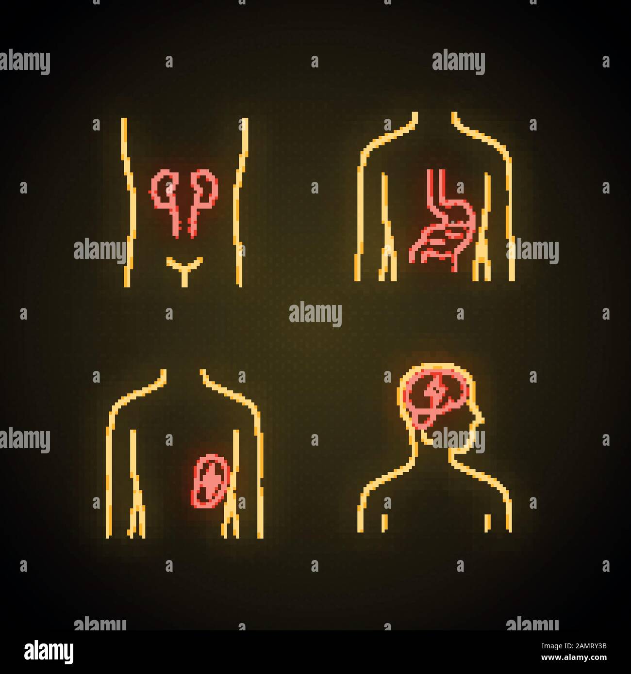 Ill human organs neon light icons set. Sore kidneys and spleen. Aching ...