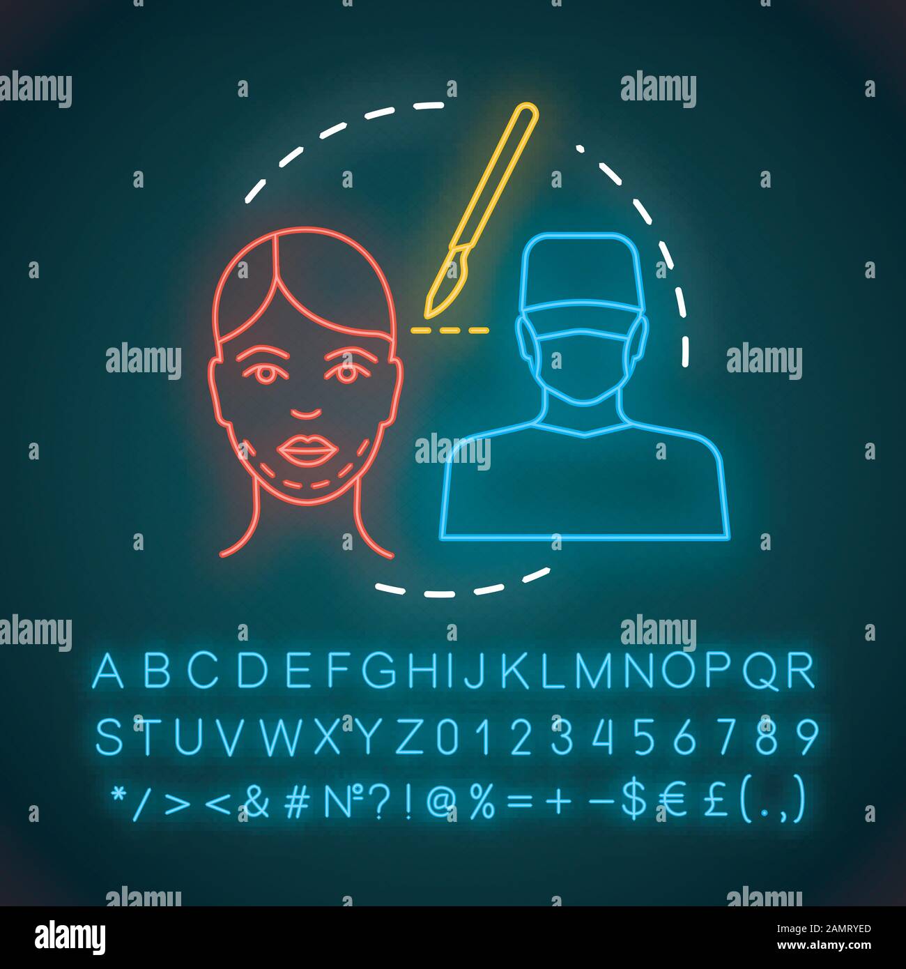 Mentoplasty neon light icon. Chin reshape. Plastic facial cosmetic ...