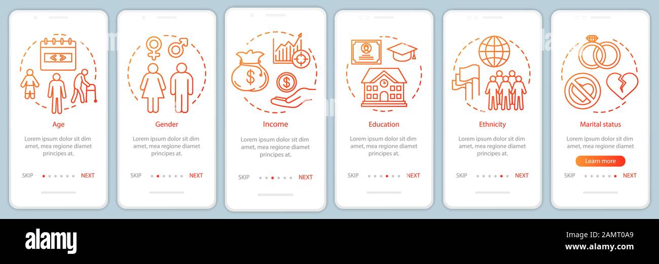 Demographics orange gradient onboarding mobile app page screen vector ...